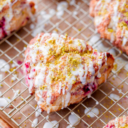 Raspberry Pistachio Scones with Lemon Glaze - A Beautiful Plate