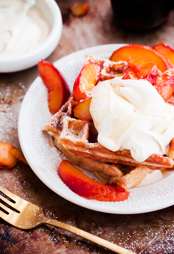 Belgian Buttermilk Waffles with Roasted Peaches and Vanilla Mascarpone ...