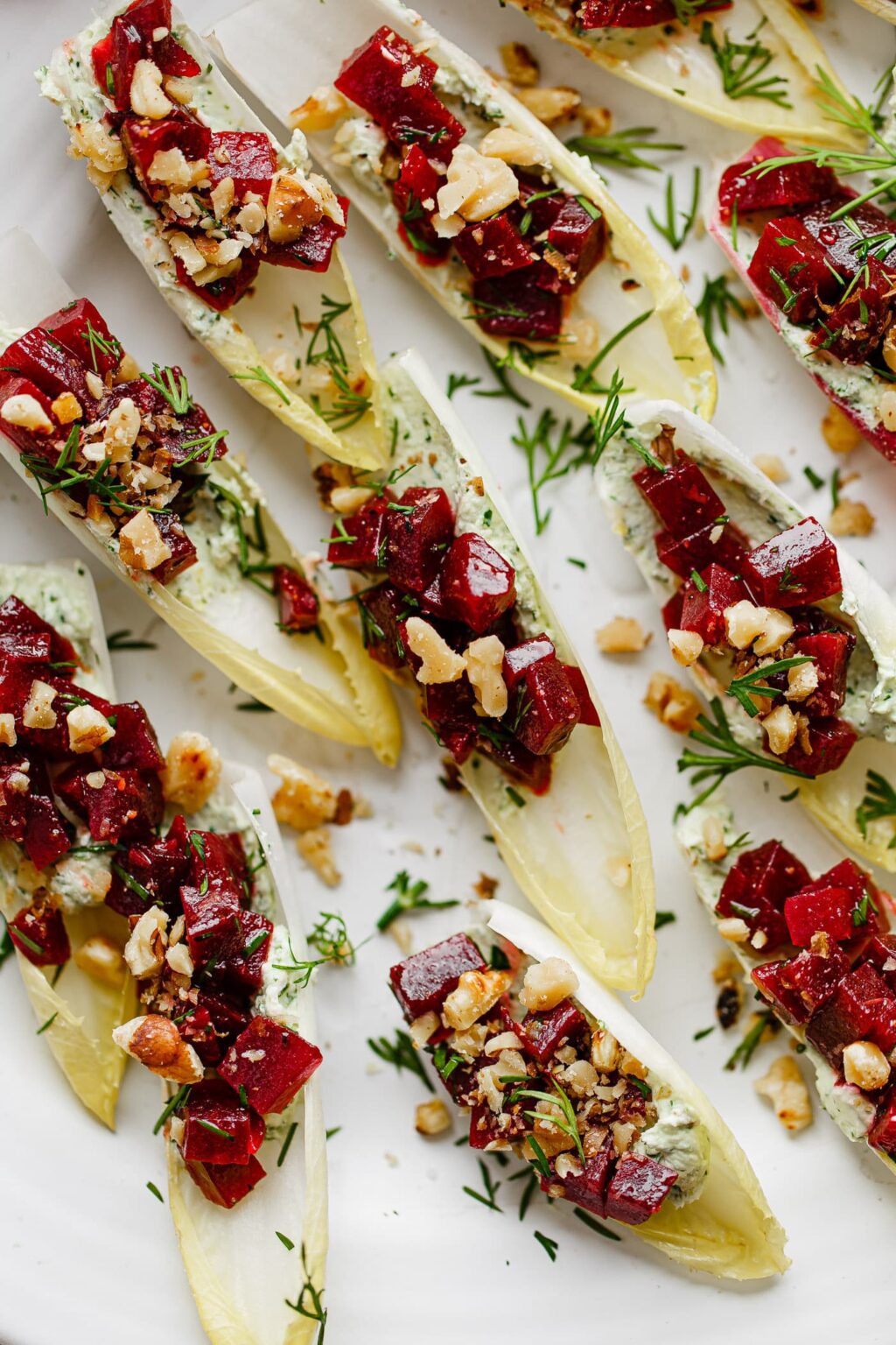 Beet and Goat Cheese Endive Bites - A Beautiful Plate